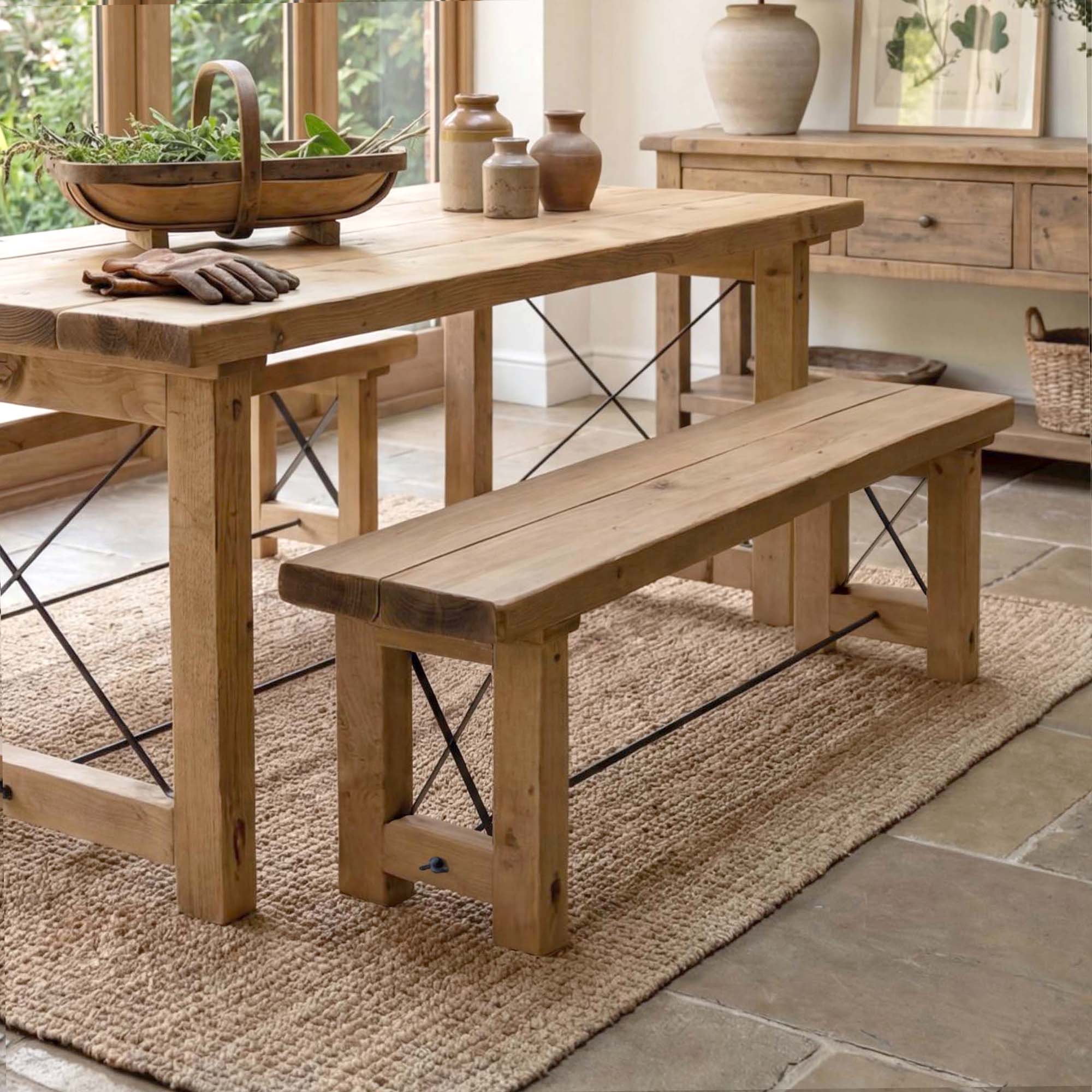 Rustic Wooden Bench | Osbourne Forged Steel Legs – Ben Simpson Furniture