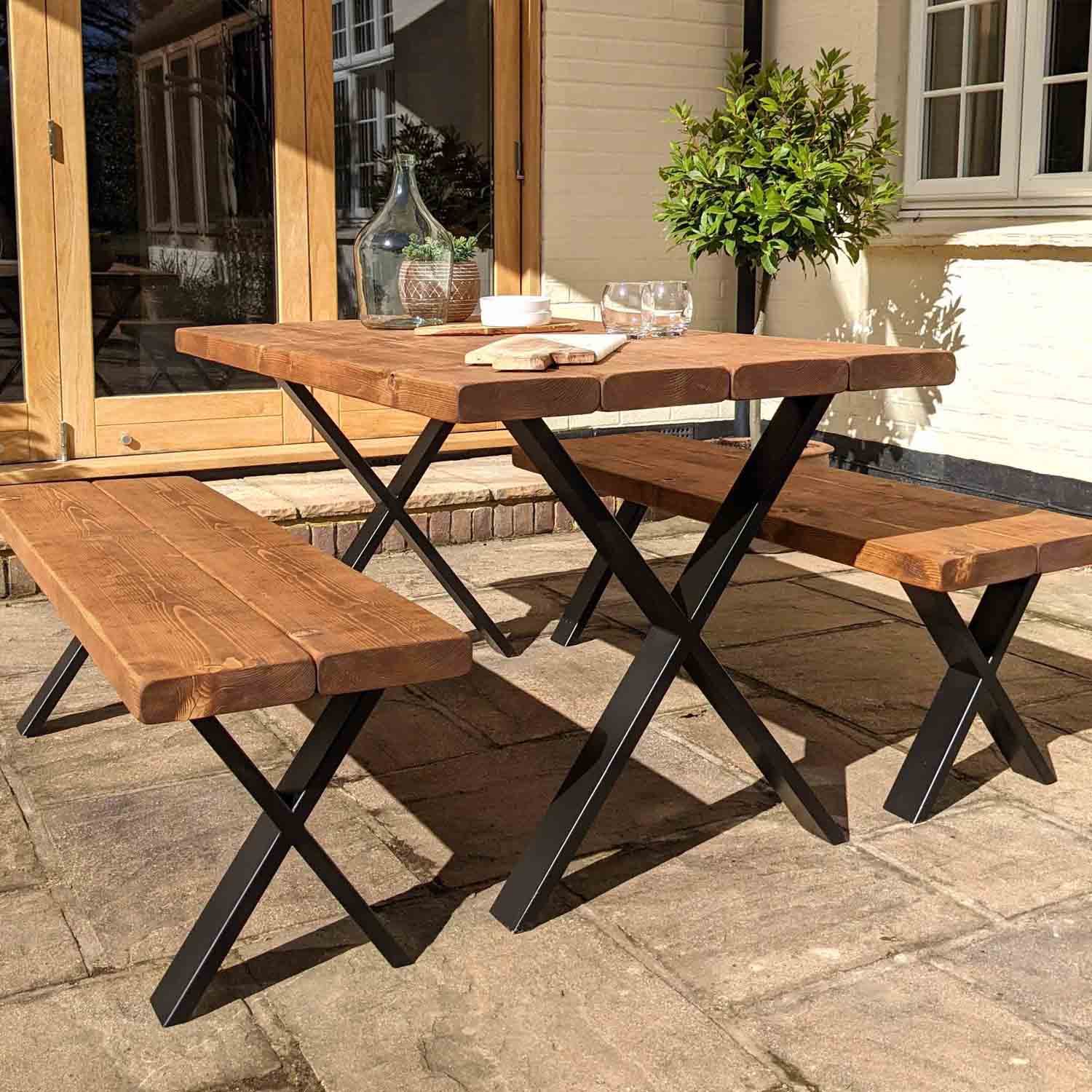 Wooden Outdoor Rustic Garden Furniture Set | X Frame Metal Legs – Ben ...